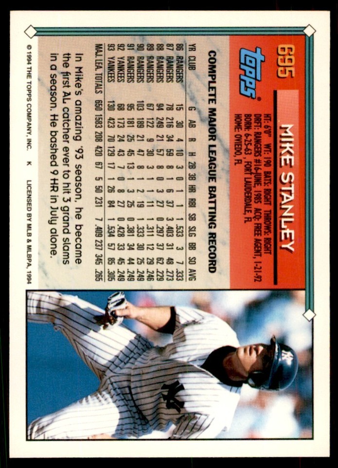 1994 Topps Gold Mike Stanley Baseball Cards #695 | eBay