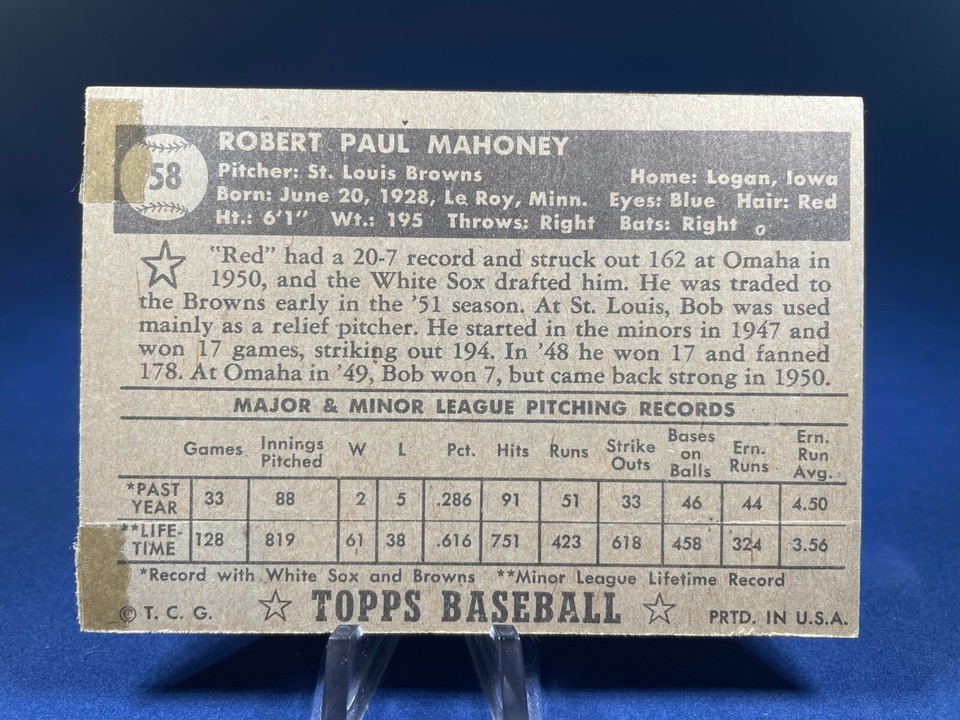 1952 Topps Baseball Card Bob Mahoney #58 St. Louis Browns | eBay