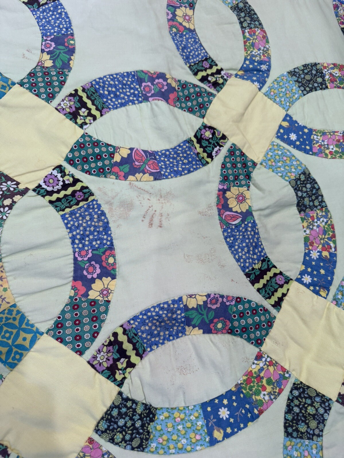 VTG ANTIQUE ORIGINAL HANDMADE DOUBLE WEDDING RING PATTERN QUILT 75x100 ...