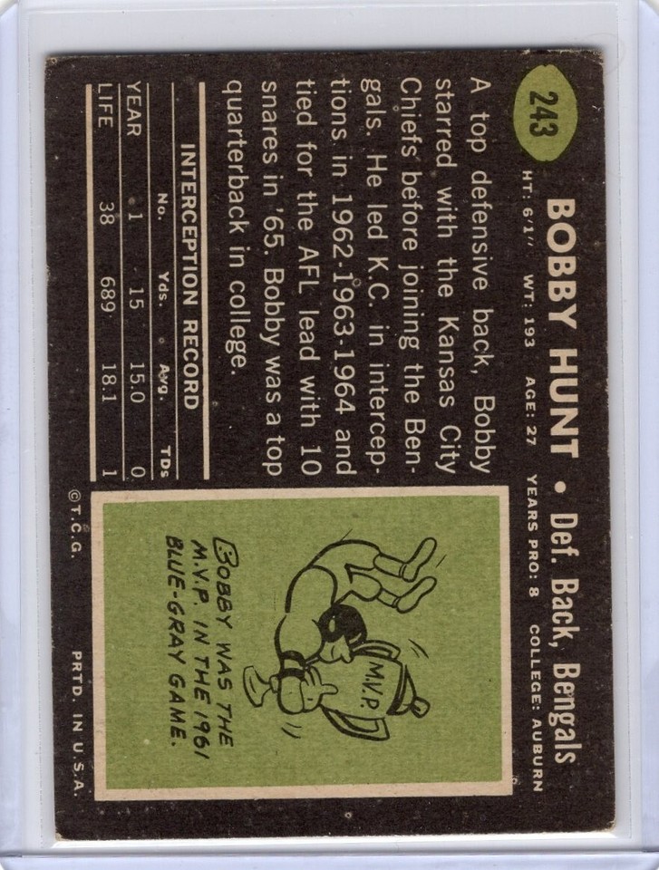 1969 Topps #243 Bobby Hunt Cincinnati Bengals | eBay