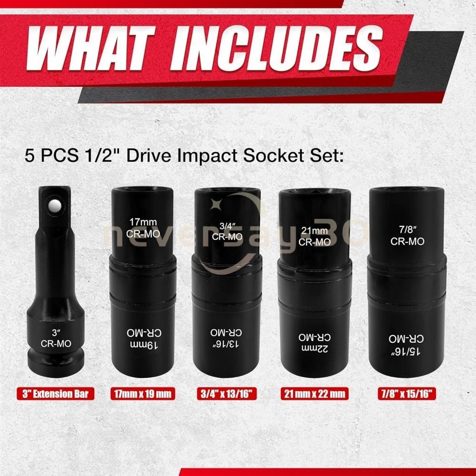 US Double Side Lug Nut Socket Set, 5Pc - 1/2-Inch Drive Flip Impact ...