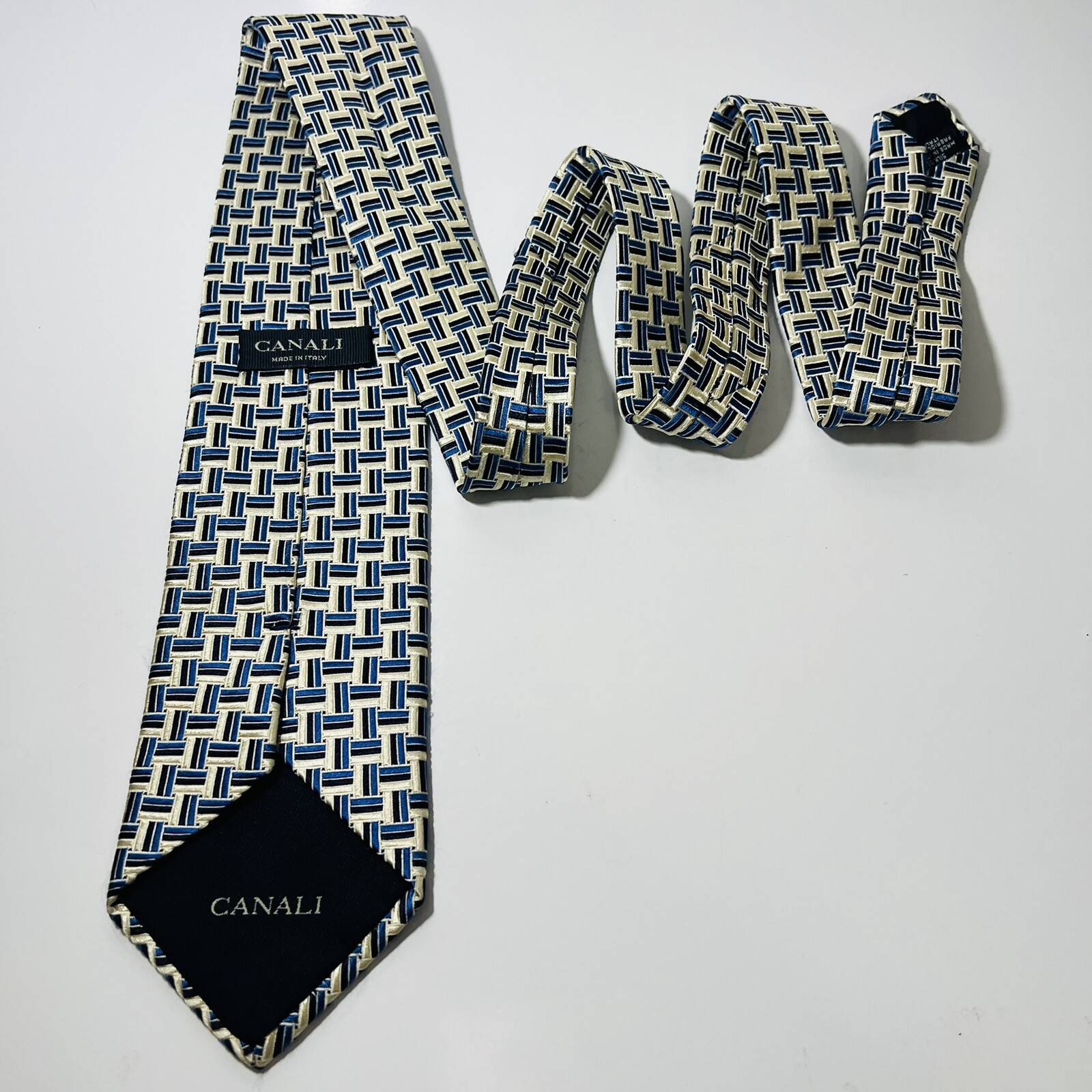 CANALI Blue&Ivory Woven Repp Silk Rectangles Tie 58.5… - Gem