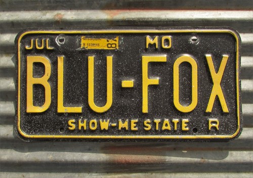 VINTAGE BLU FOX BLUE MISSOURI VANITY LICENSE PLATE METAL MO 1980s old ...