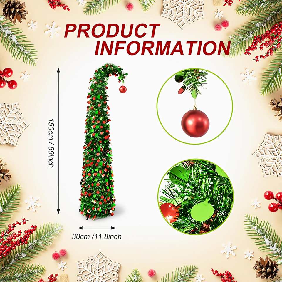 5 Ft Grinch Pop-Up Christmas Tree with 50 LED Lights and Red Ball Top ...