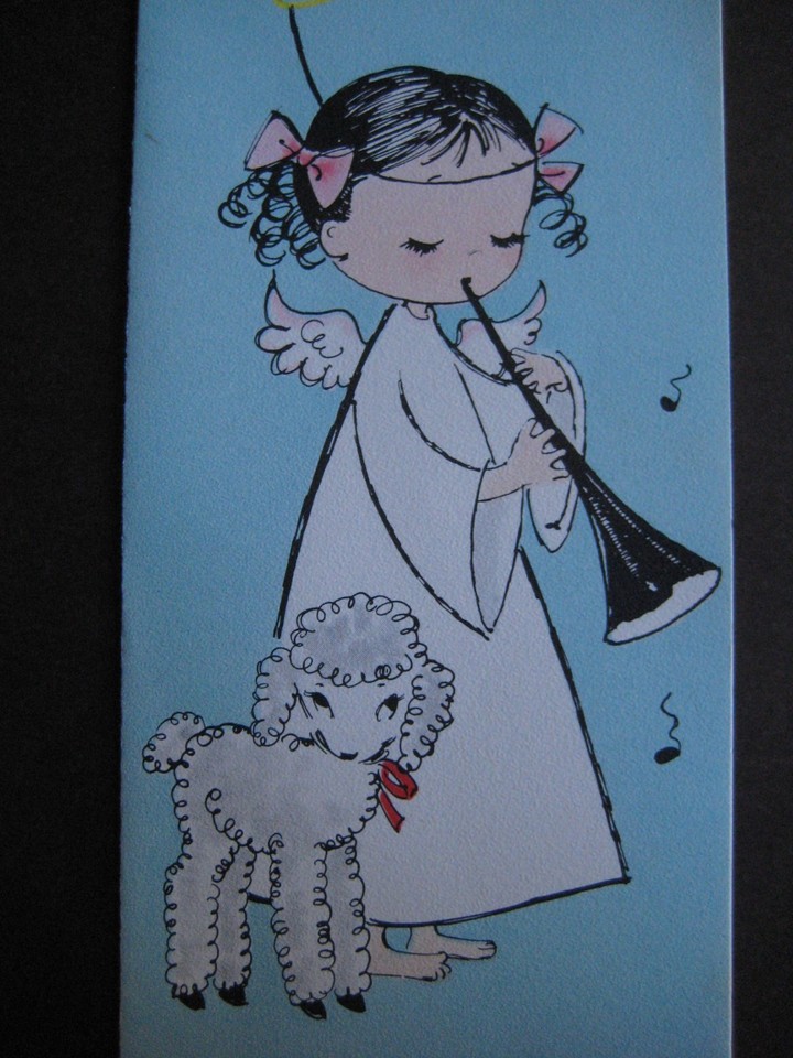 1960s vintage greeting card Volland CHRISTMAS Angel Blowing Horn w ...