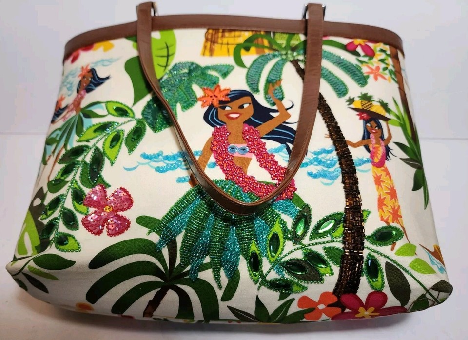 ISABELLA FIORE HULA GIRL HAWIIAN FLORAL,BEADED,MULTI MEDIA APPLIQUE ...