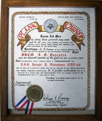 October 18, 1977 U.S. NAVY PLANK OWNER CERTIFICATE U.S.S. Eisenhower ...
