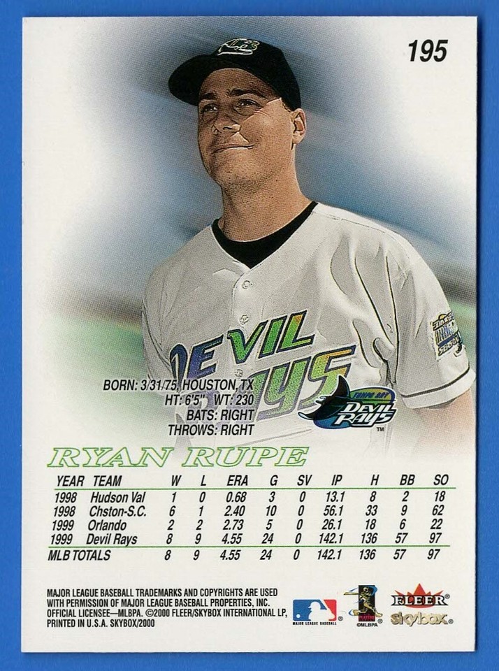 2000 SkyBox Baseball #195 Ryan Rupe Tampa Bay Devil Rays Baseball Card ...