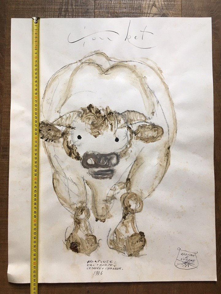 Very Nice Drawing Painting Paper Watercolour Dung Taureau Cow 1995 ...