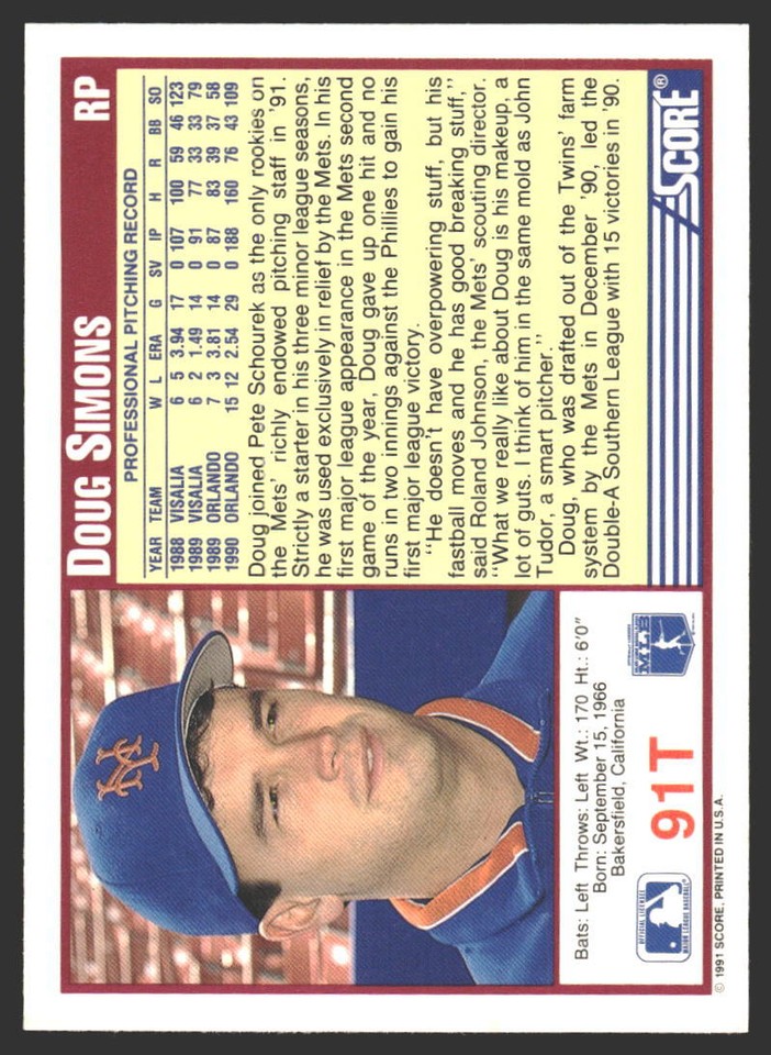 Doug Simons #91T 1991 Score Rookie & Traded New York MetsRC Rookie | eBay