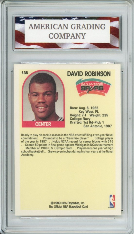 1989 NBA Hoops #138 David Robinson Rookie Card AGC 10 Gem Mint San ...