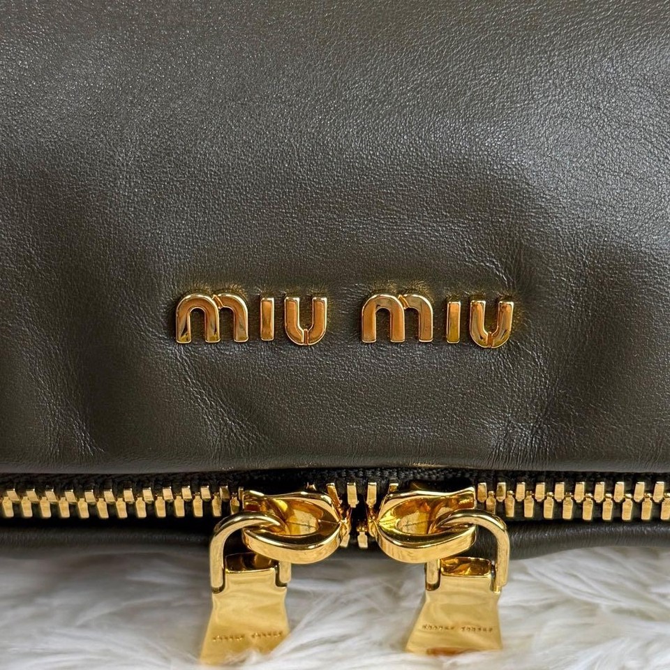 MIU MIU leather Shoulder bag Vintage Khaki Gold Logo Authe Good ...