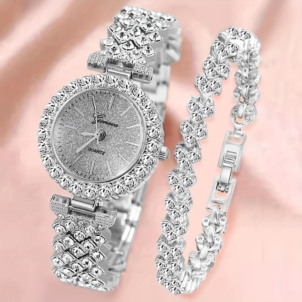 Elegant 2pcs Rhinestone Quartz Watch and Bangle Set for Women Crystal ...