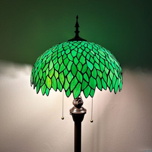 Tiffany Style Floor Lamp Green Stained Glass Leaves Metal Base LED Bulb ...