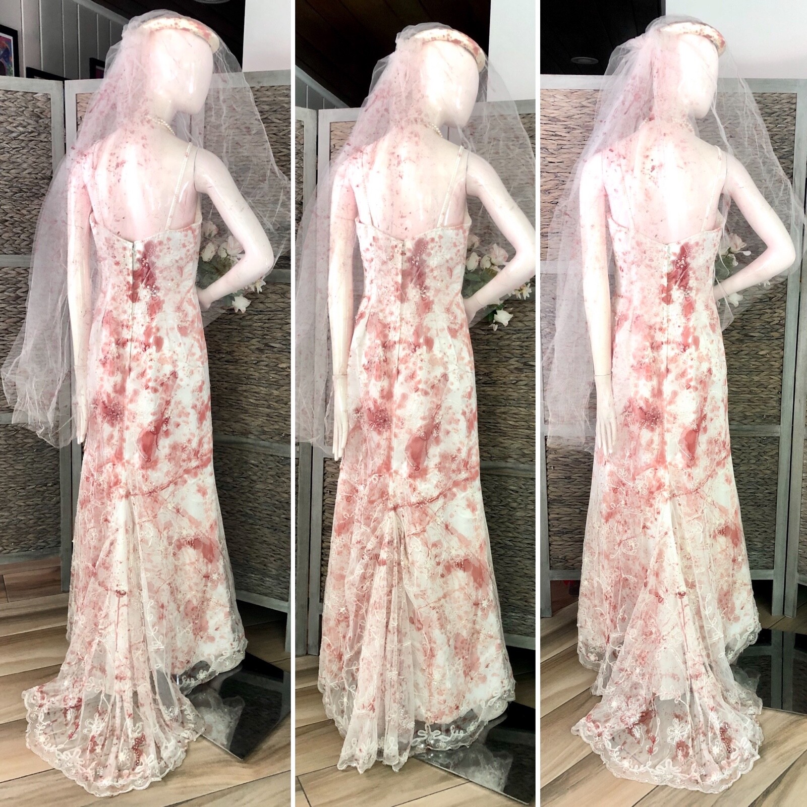 4 Pc Zombie Corpse Dead Bride Costume Set Bloody Gory Wedding Gown Veil ...