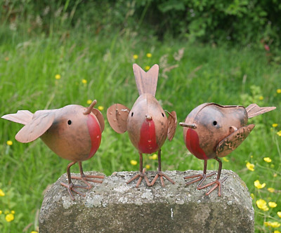 3pc Robin Garden Ornaments Red Breast Bird Statues Outdoor Decor Metal ...