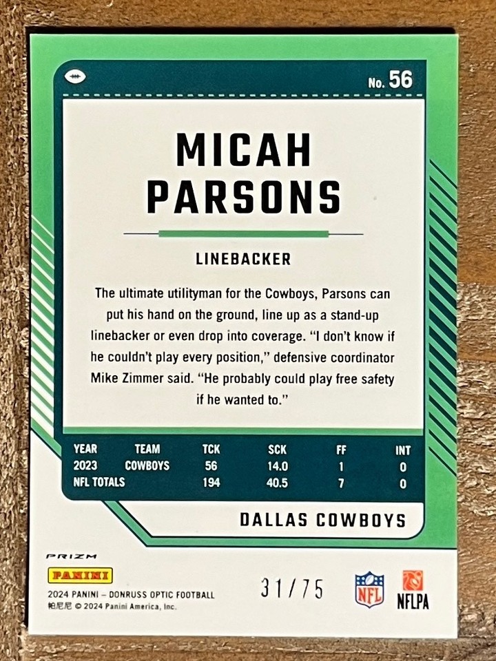 Micah Parsons Electricity Parallel /75 - 2024 Donruss Optic #56 Cowboys ...