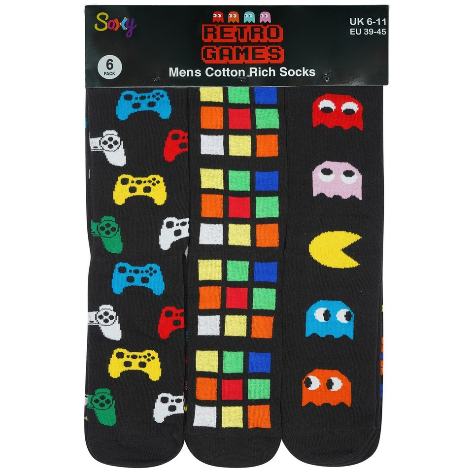 Mens/Boys 6 Pack Retro Games Socks Cotton Rich Designer Socks | eBay UK
