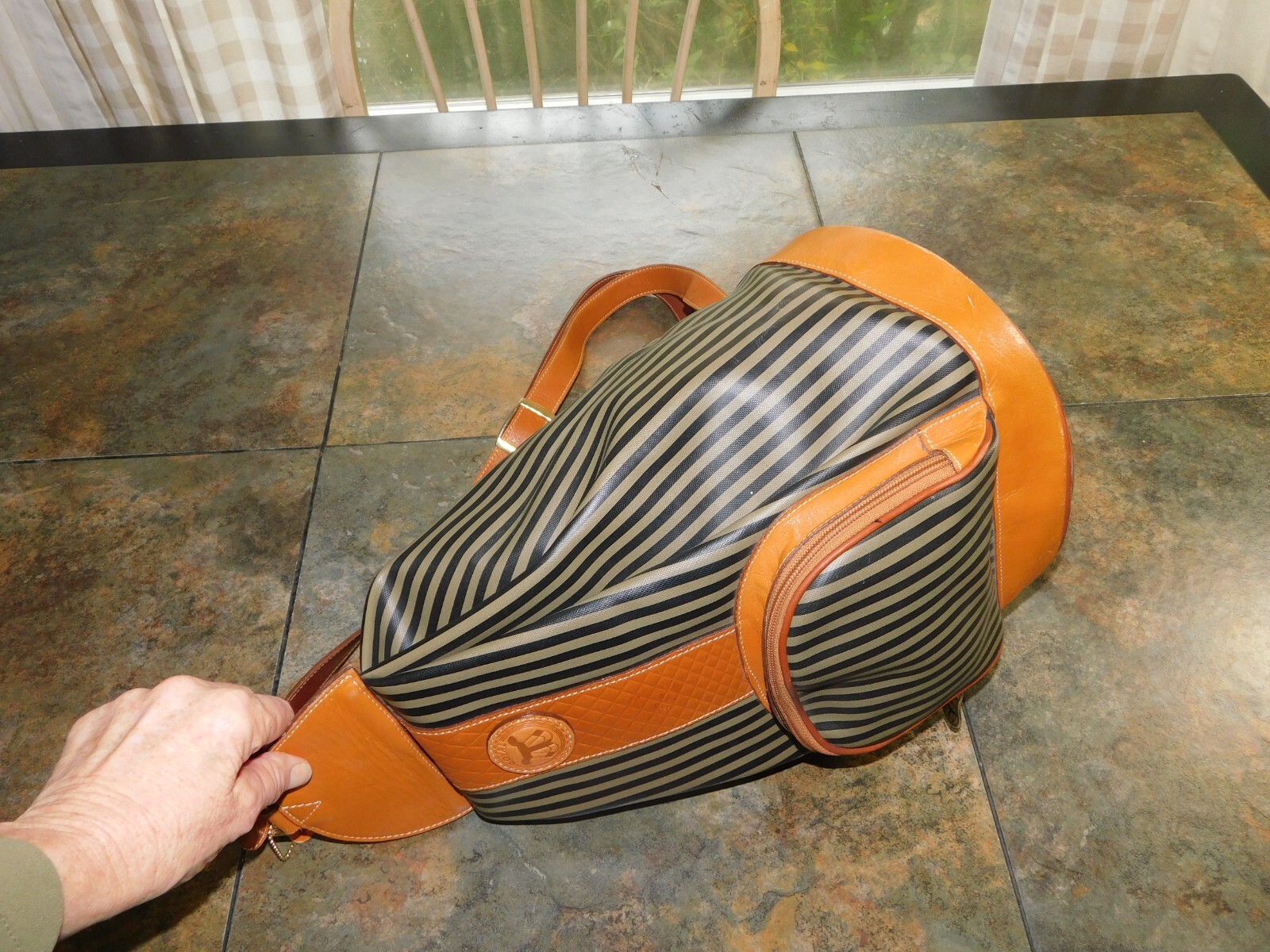 ROYAL VINTAGE LEATHER PACKPACK/SLDR/SLING/CB BAG TAUPE BLACK STRIPES ...