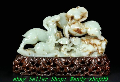 10" Old Dynasty Natural Hetian Jade Carve Feng Shui 3 Sheep Goat Animal ...