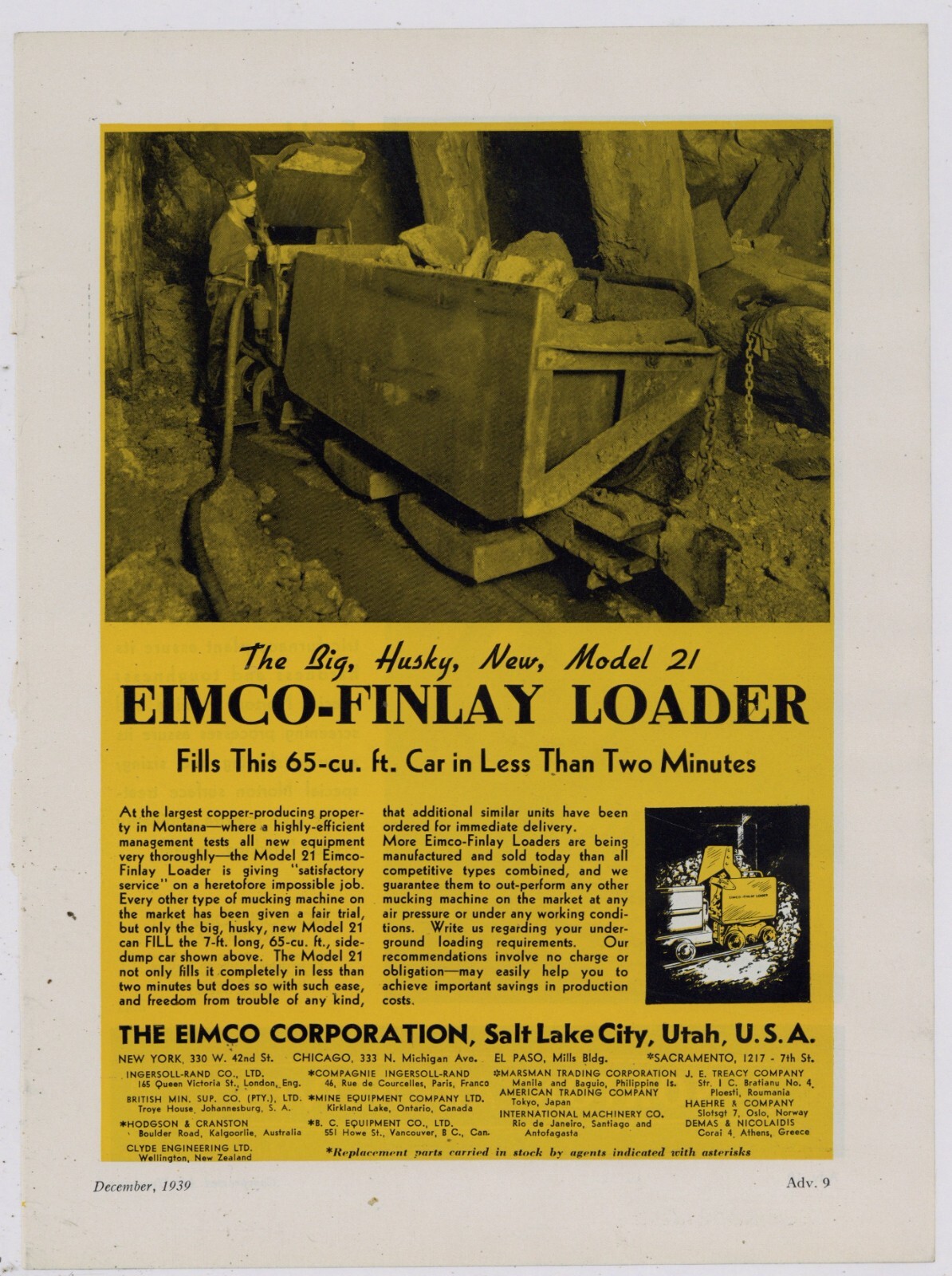 1939 EIMCO Co. Ad: Model 21 Eimco Finlay Loader - Salt Lake City, Utah ...