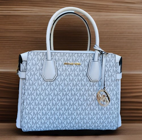 Michael Kors Medium Belted Mercer Mk Logo Leather Light Cream Multi ...