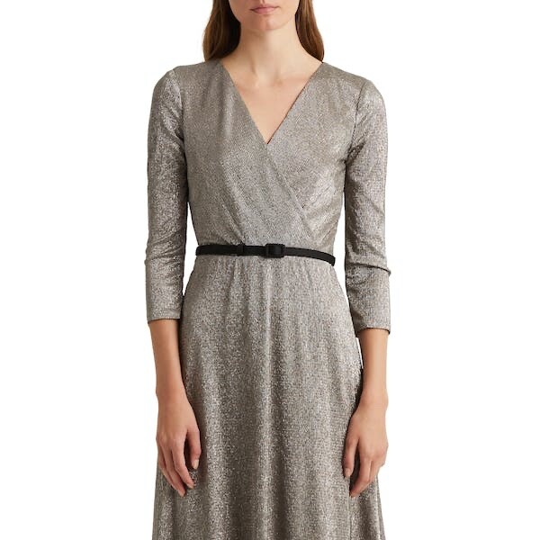 Ralph Lauren Dress Metallic Bodre Antique Bronze Surplice Drape Size 14 ...