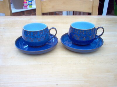 2 x Denby Midnight Blue Stoneware Cups and Saucers - Tea Coffee . VGC ...
