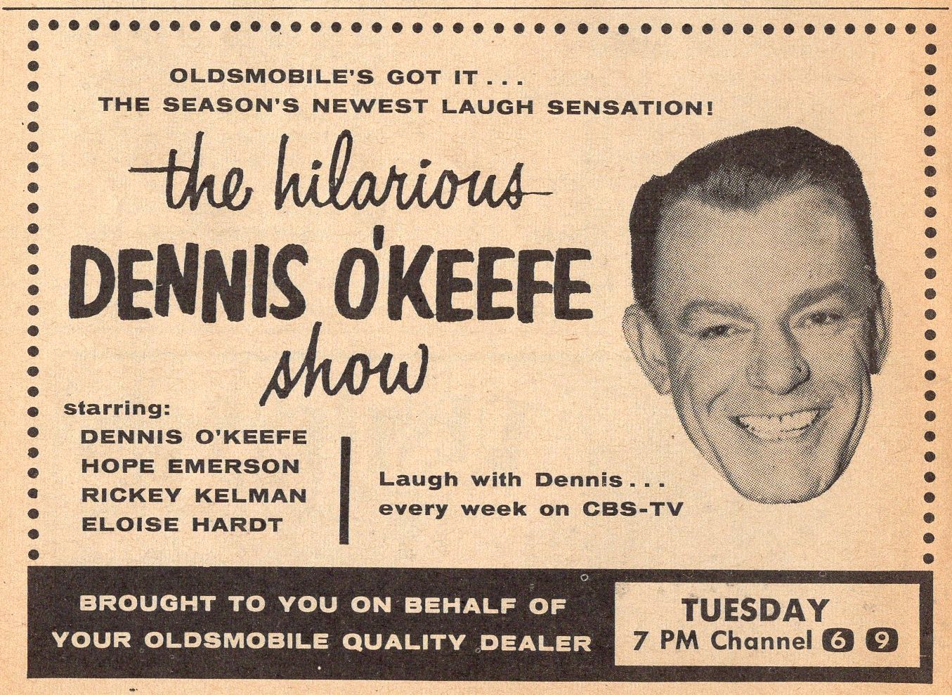 1959 TV AD~DENNIS O'KEEFE SHOW~GUESTS ELOISE HARDT~RICKEY KELMAN~HOPE ...