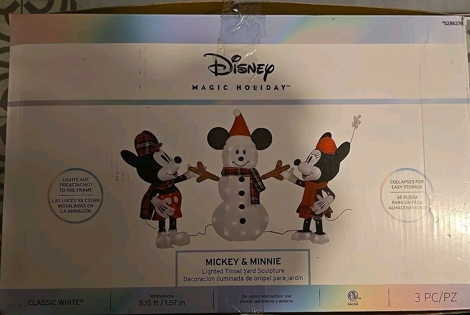 30” Christmas Mickey , Minnie Mouse & Snowman Lighted Tinsel Yard Decor ...