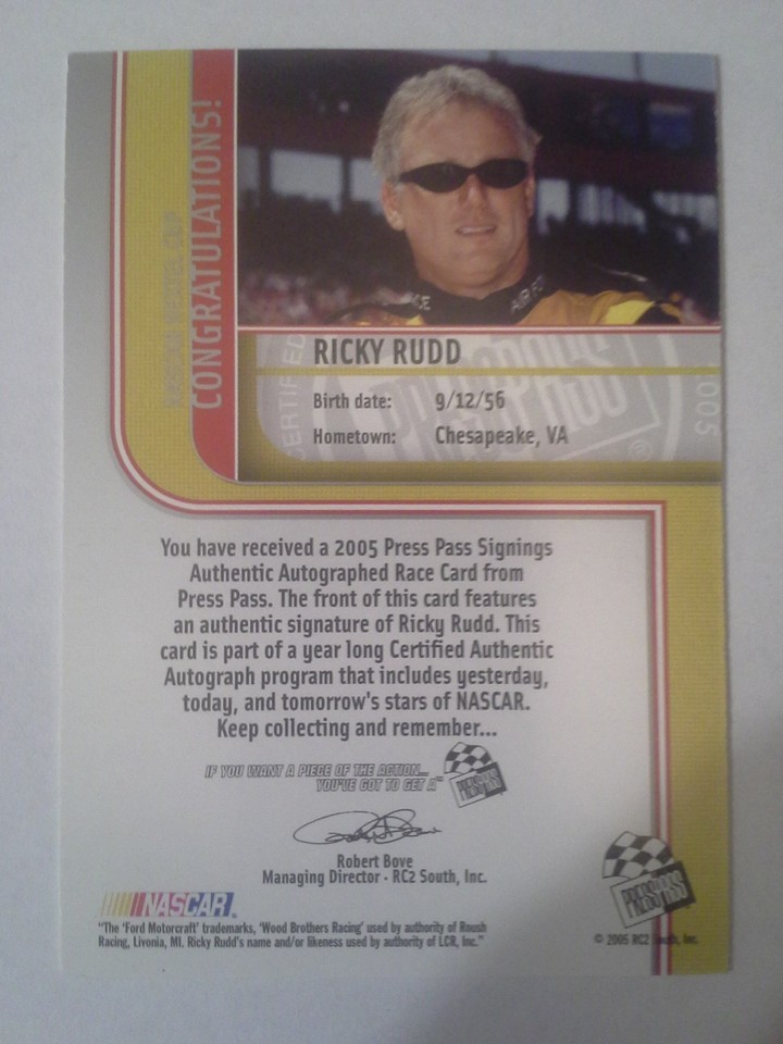 2005 Press Pass Signings RICKY RUDD #21 Motorcraft Platinum Autograph # ...