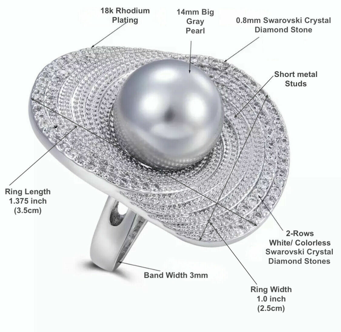 Bold Gray Pearl Ring made w Swarovski Crystal Stone 18k White Gold ...