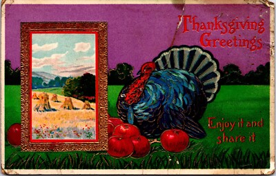 Postcard Thanksgiving Greetings - Turkey, Hay Field - Embossed | eBay