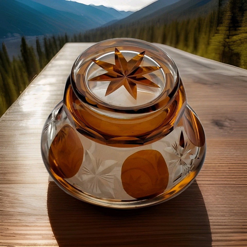 Art Deco Bowl Bohemian Czech Glass Amber Cut to Clear Crystal Glass ...
