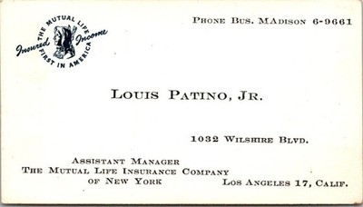 Mutual Life Insurance Louis Patino Los Angeles CA Business Card Vintage ...