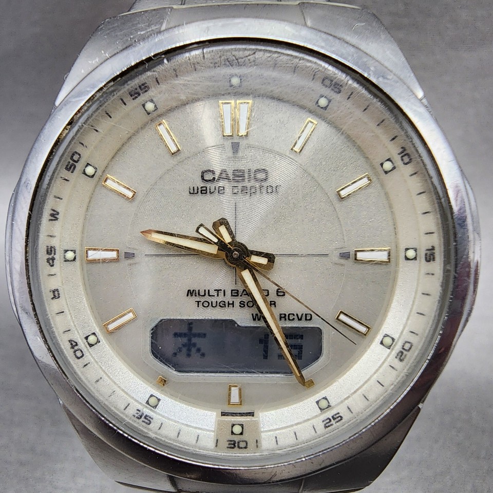 Casio Wave Ceptor Solar Watch Men 42mm White Dial Analog Digital Steel ...