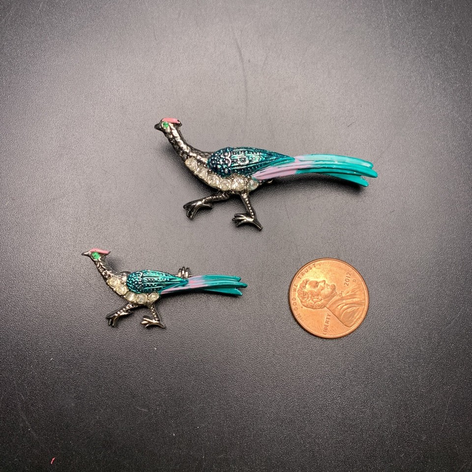 Peacock Brooch Pin Set Pair Rhinestone Enamel Running Bird Vintage | eBay