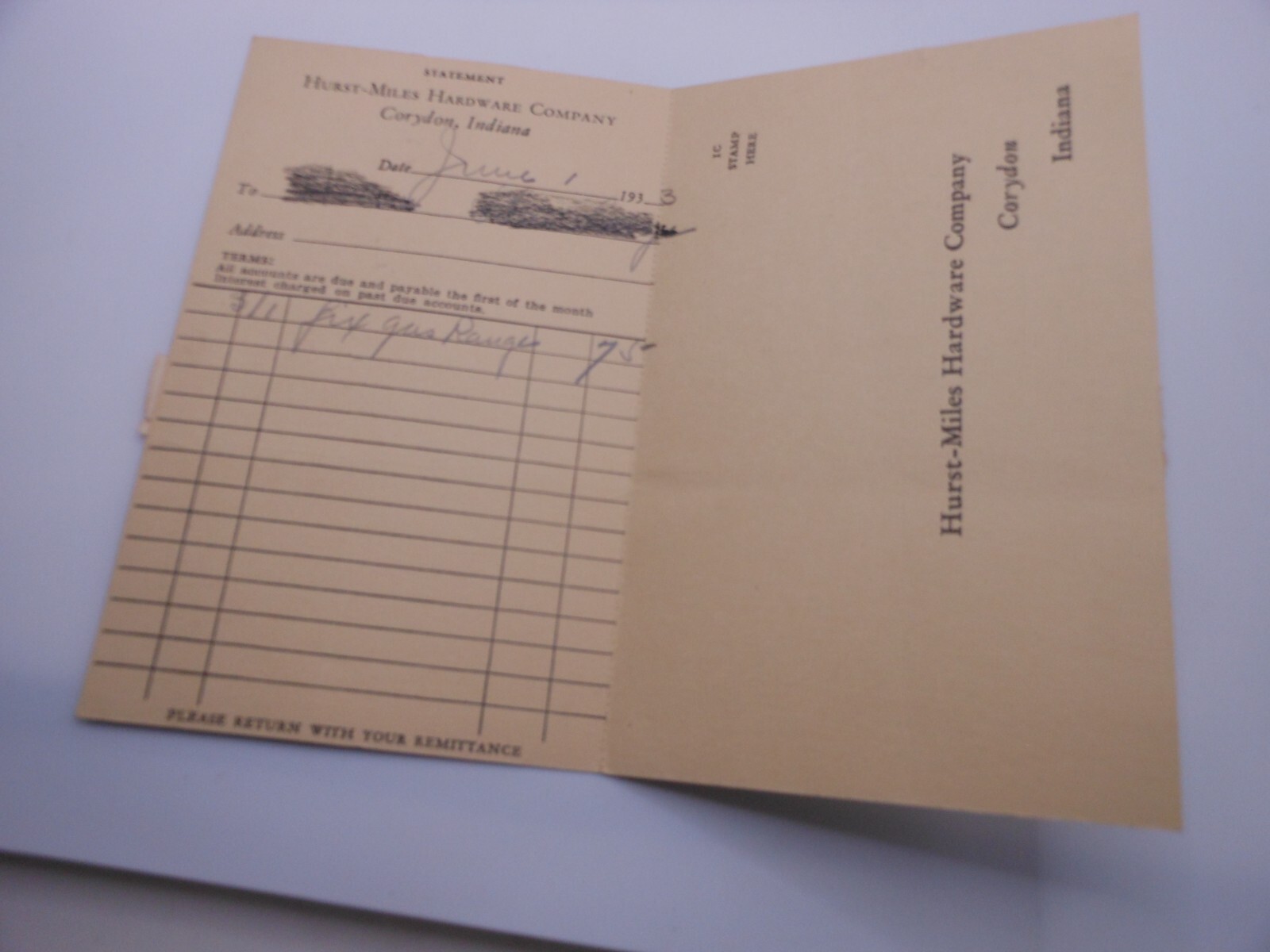 1933 Hurst-Miles Hardware Co, Corydon, Indiana Payment/Account ...