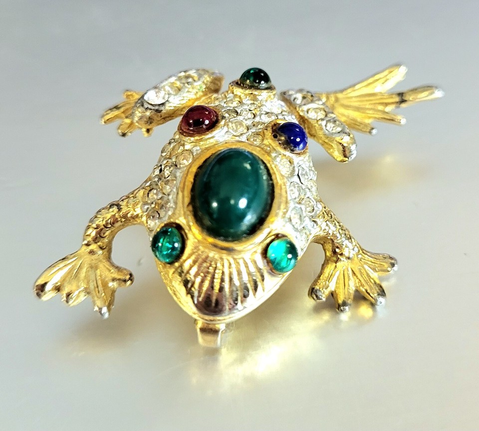 Vintage Sphinx England Green Gripoix Glass Pavé Crystal Frog Brooch Pin ...