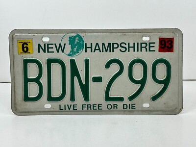 New Hampshire DMV Issued License Plate "BDN-299" 1993 Exp. *Bangor ...