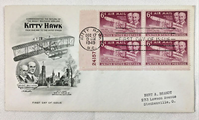 Kitty Hawk NC Wright Brothers 4 Block Plate FDC Stamped Env Dec 17 1949 ...