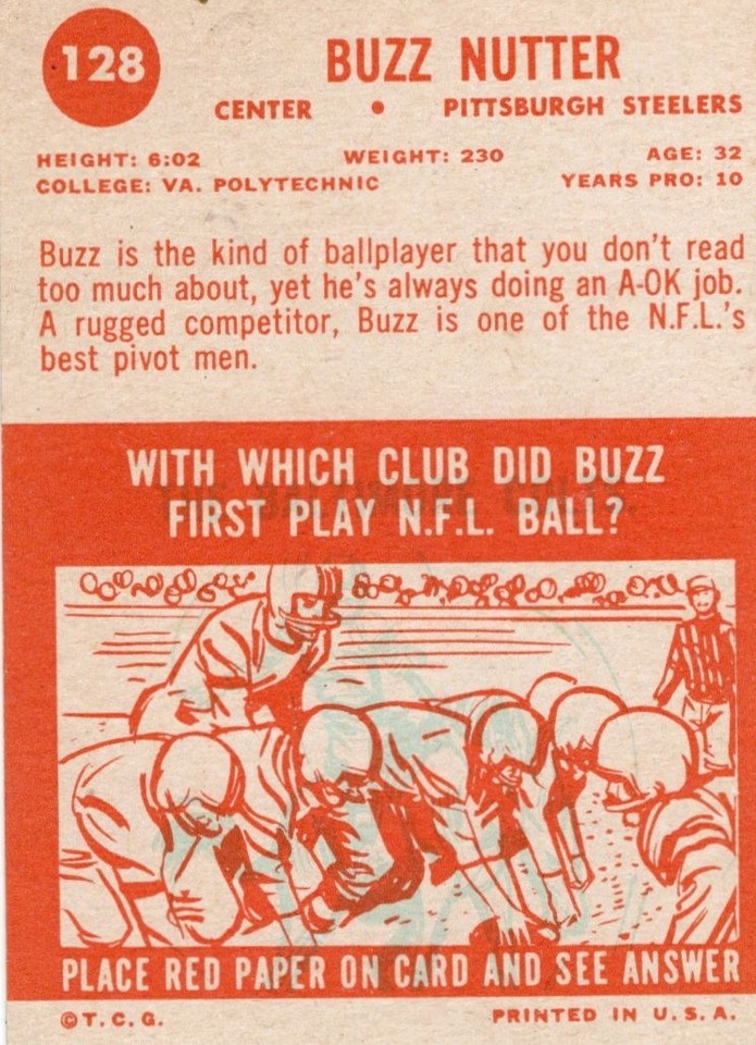 Buzz Nutter Steelers 1963 Topps Football #128 G-VG Condition Bx10 | eBay