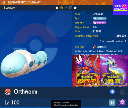Pokemon Scarlet/Violet SHINY ORTHWORM Lv.100 Bold 6IV w/ Leftovers Trad ...