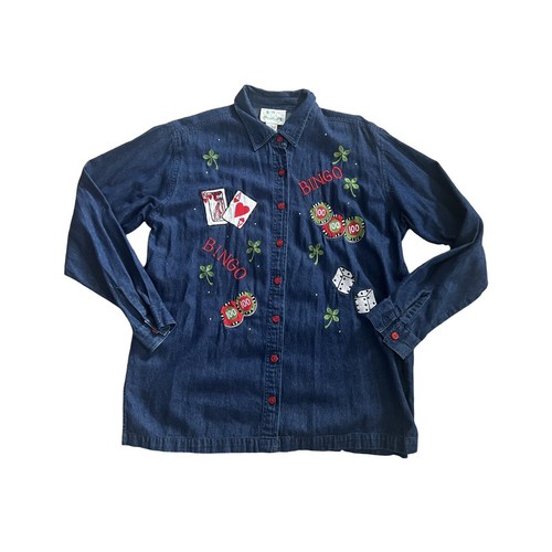 The Quacker Factory Long Sleeve Denim Shirt Womens Large Embroidered ...