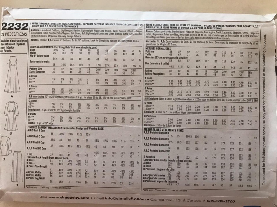 SIMPLICITY 2232 MISSES DRESS, JACKET AND PANT PATTERN - SIZES 10-18 ...