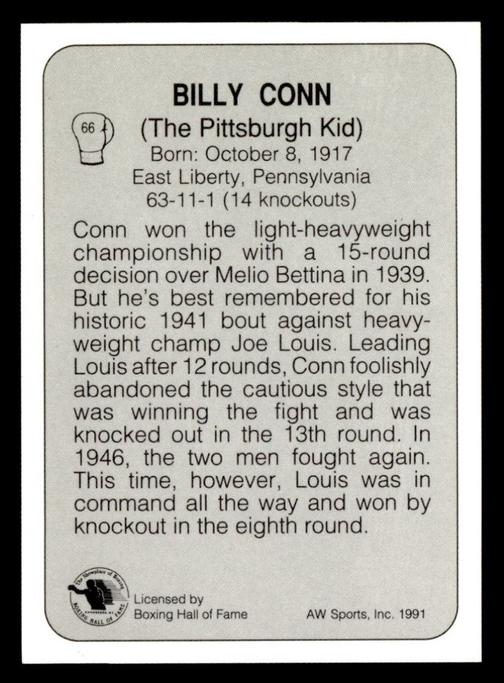 Billy Conn 1991 All World Boxing Card #66 | eBay