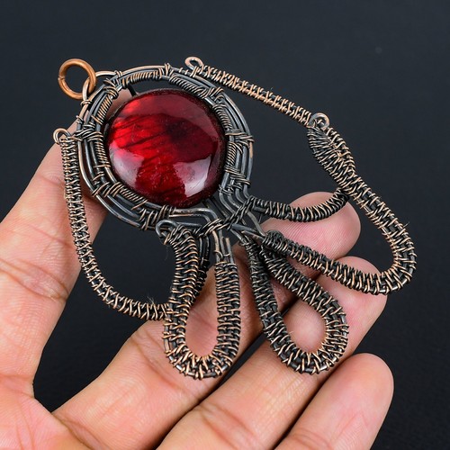 Red Labradorite Round Gemstone Handmade Gift Jewelry Wire Wrap Copper ...