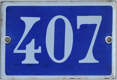Old blue French house number 407 door gate plate plaque enamel steel ...