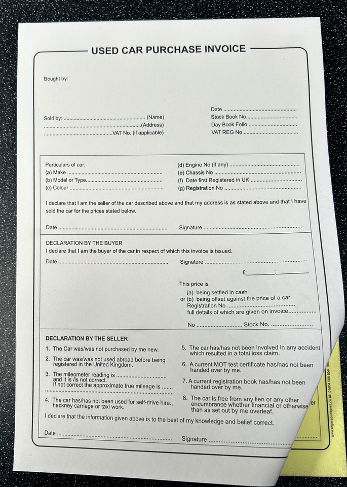 A4 Used Car Vehicle Purchase Invoice pad Inv Motor Trade Receipt Buy ...