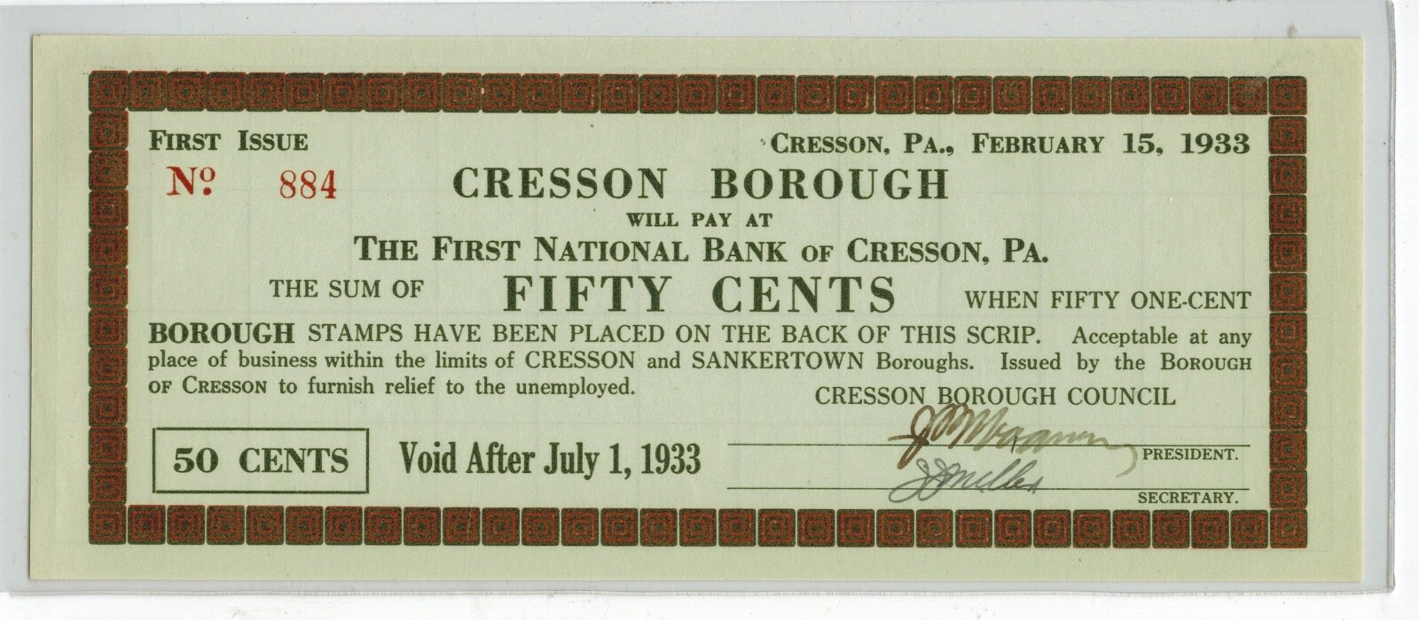 1933 Cresson Pennsylvania CRESSON BOROUGH 50c Depression Scrip w/One ...